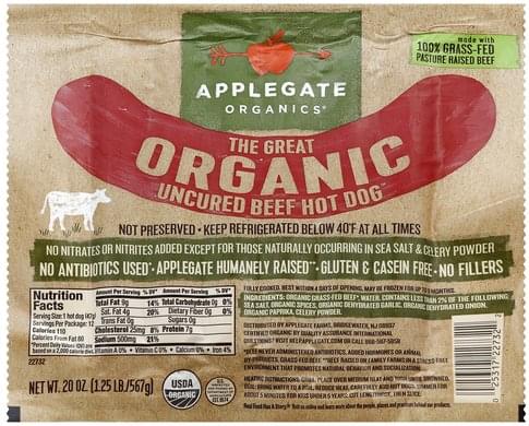 Applegate Beef, the Great Organic, Uncured Hot Dog - 20 oz, Nutrition ...