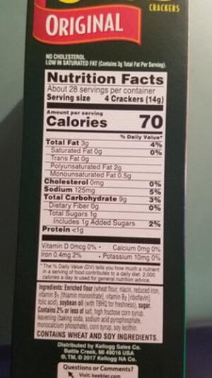 Keebler Club Crackers Nutrition Label