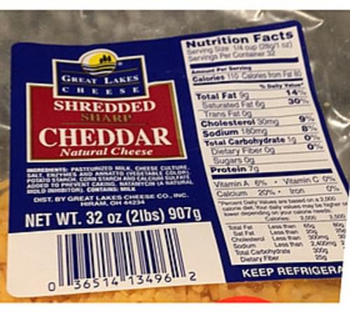 Great Lakes Cheese Shredded Sharp Cheddar Cheese - 28 g, Nutrition ...