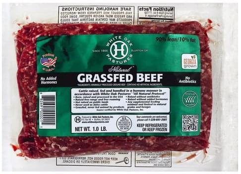 White Oak Pastures Grassfed, 90% Lean/10% Fat Beef - 1 lb, Nutrition ...